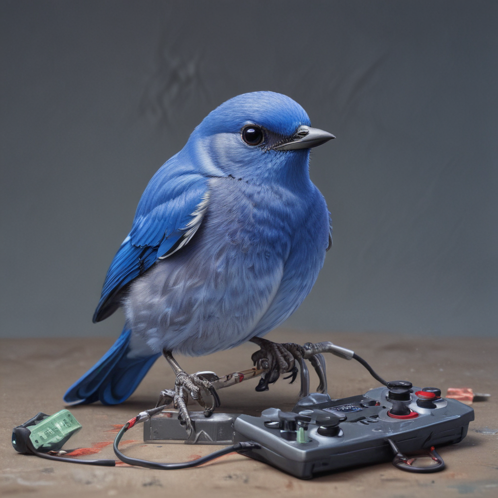 detailed illustration of a bluebird playing video games