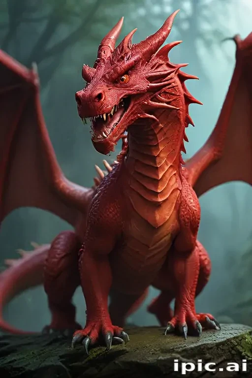 Majestic Red Dragon Roaring Fiercely in an Enchanted Forest Setting