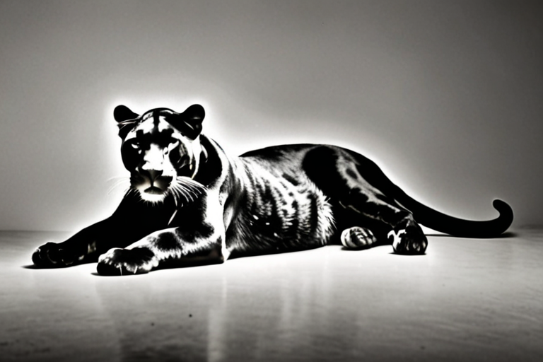 a B&W of a full body panther laying down parallel on a white background ...