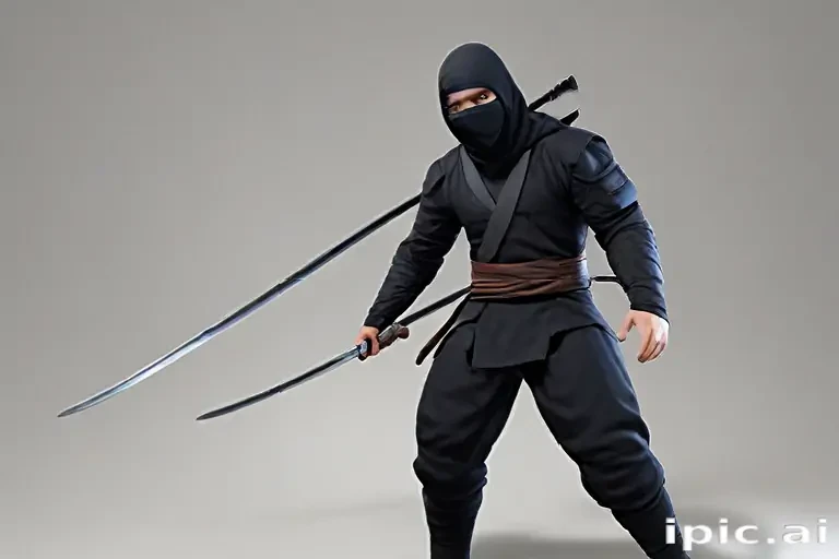 Stealthy Ninja Warrior Prepared for Action with Dual Curved Swords