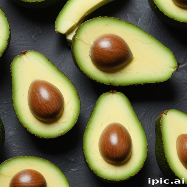 Fresh Avocados Halved to Reveal Creamy Green Flesh and Brown Pits.
