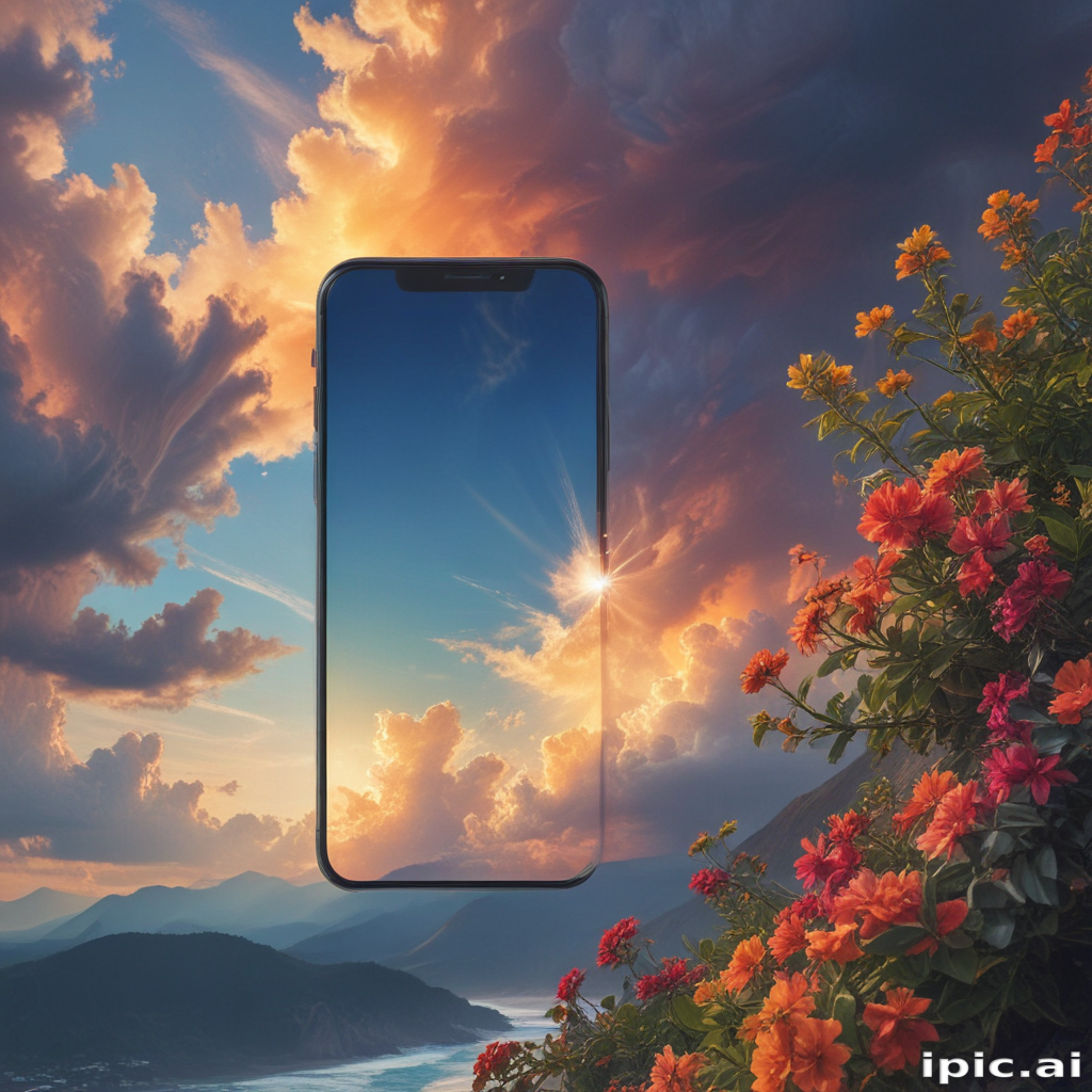 Smartphone Displaying a Stunning Sunset Surrounded by Vibrant Flowers ...