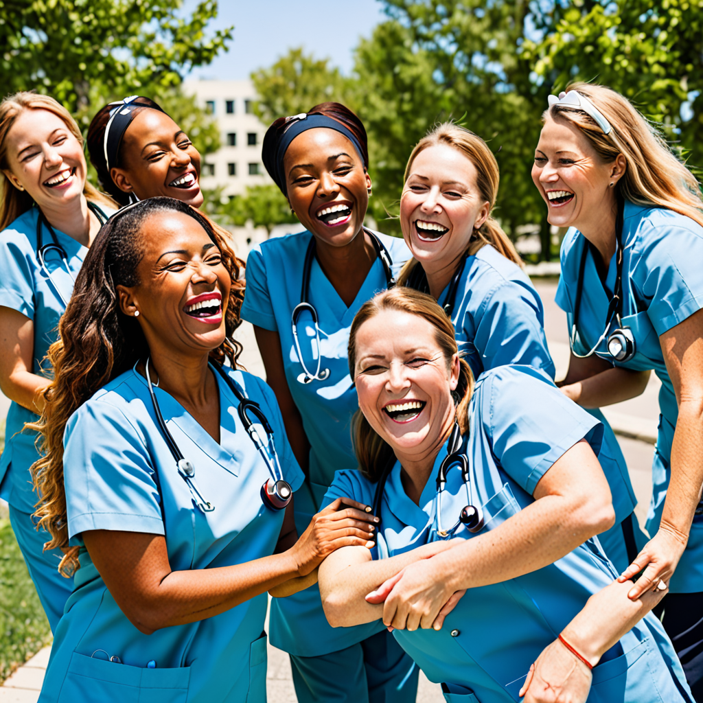 a group of nurses outside laughing on a sunny day