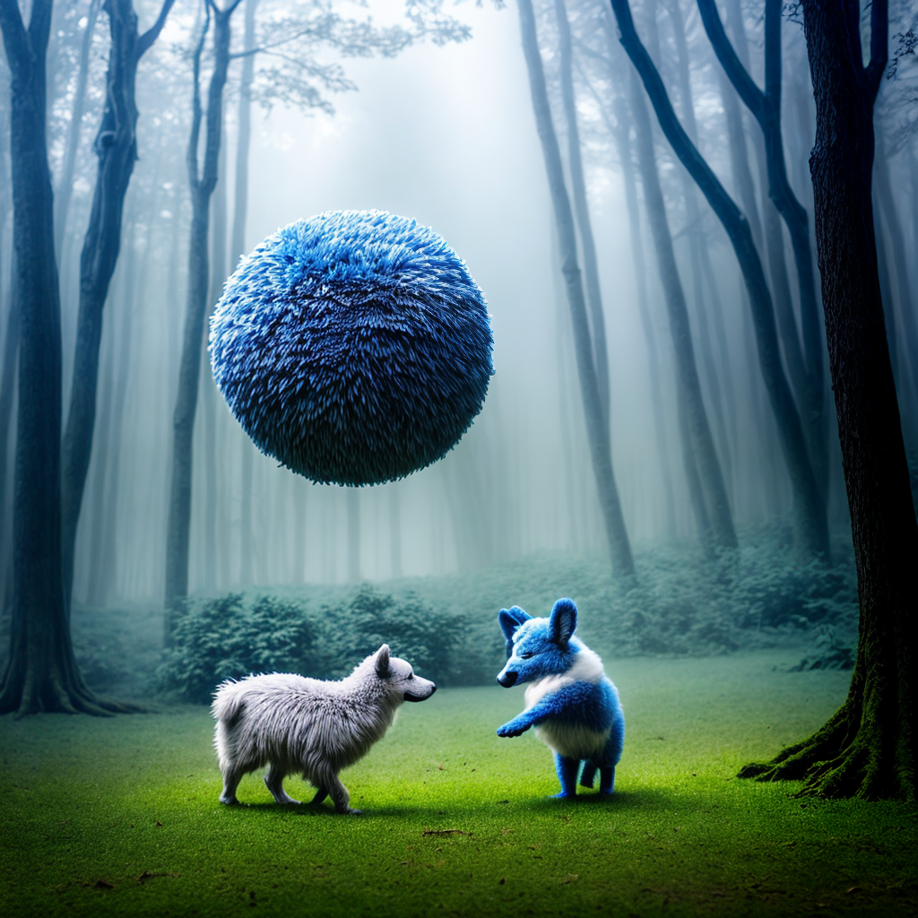 a cute fluffy blue ball animal playing in a misty magical forest
