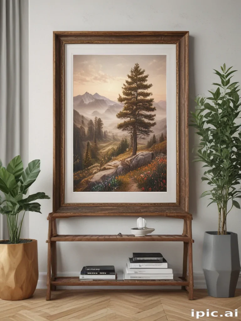 Beautiful Framed Landscape Artwork of Mountains and Lush Greenery Decor