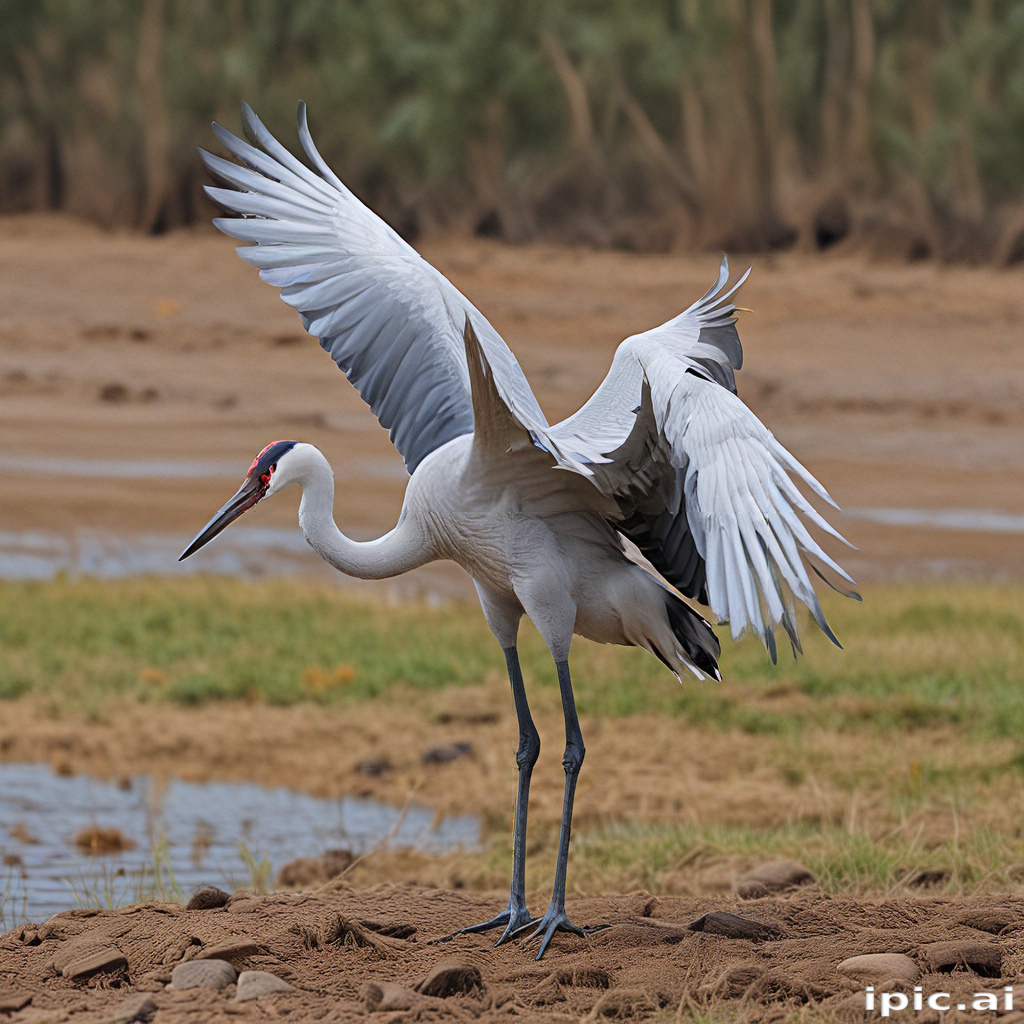A Majestic Crane Spreading Its Wings by the Tranquil Water's Edge.