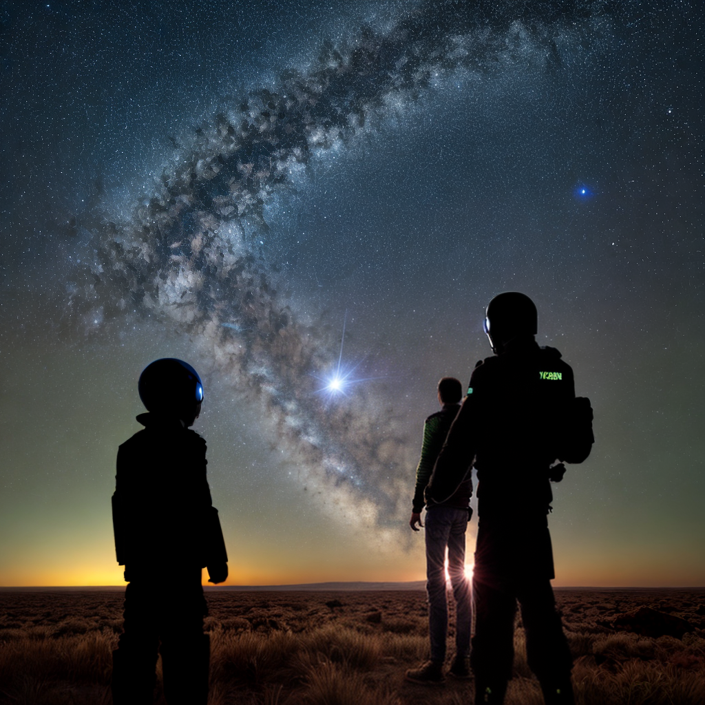 a humanoid robot stand beside a man on a green exoplanet and both look ...