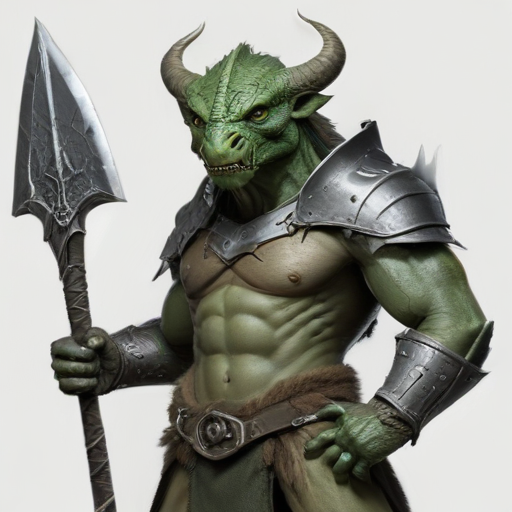 A Green Dragonborn Barbarian holding a halberd