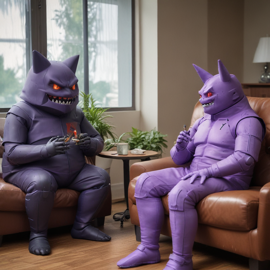 gengar and robot friends smoking and chilling in the lounge