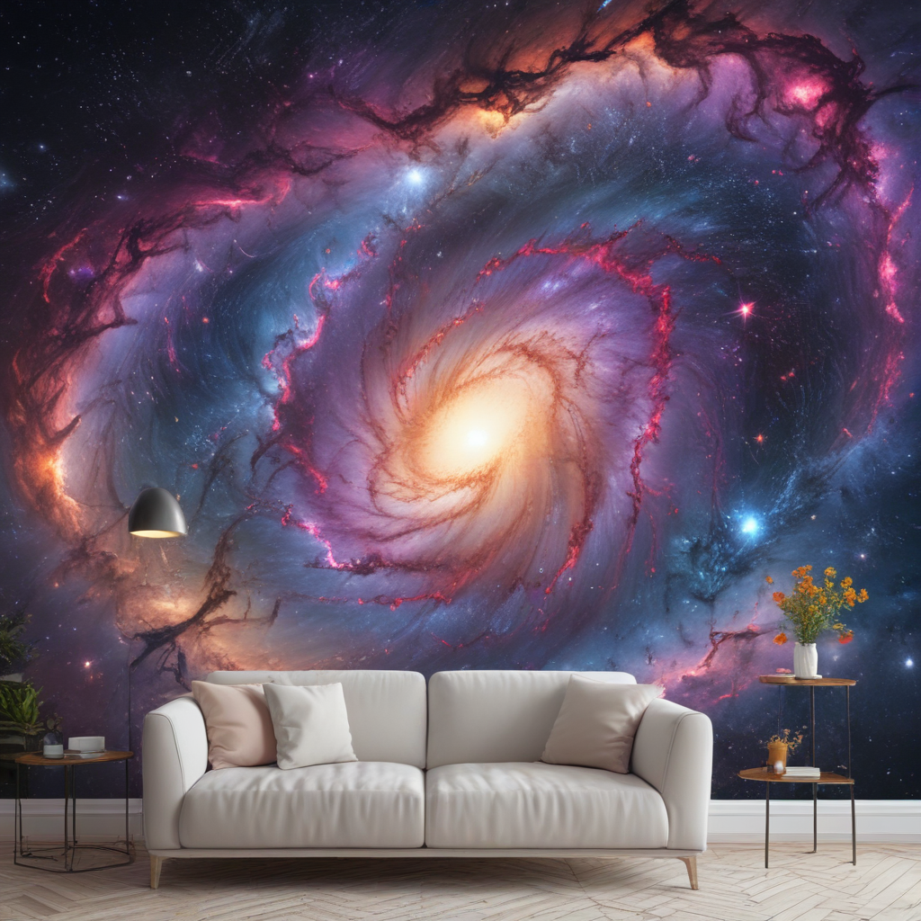 Stunning Galaxy Mural Transforming a Cozy Living Room into Cosmic Beauty