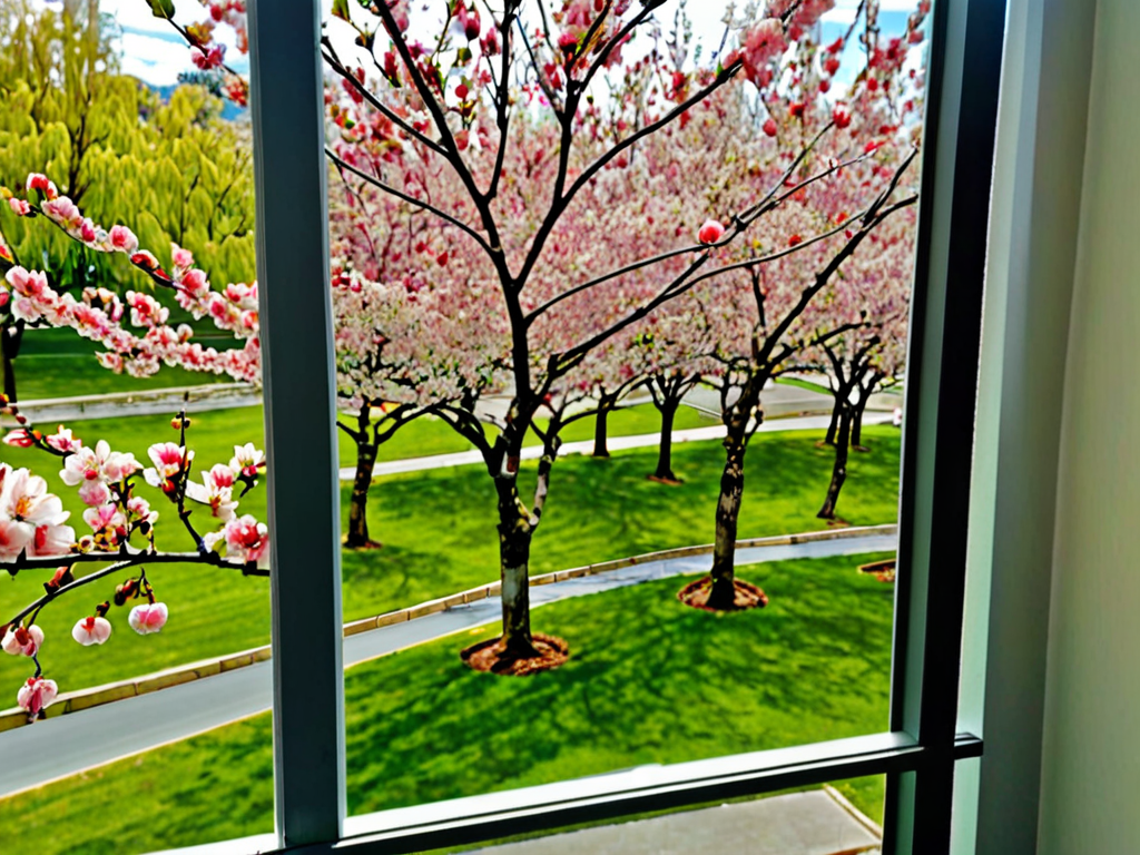 the view from a webcam in a private office with flowering cherry trees ...