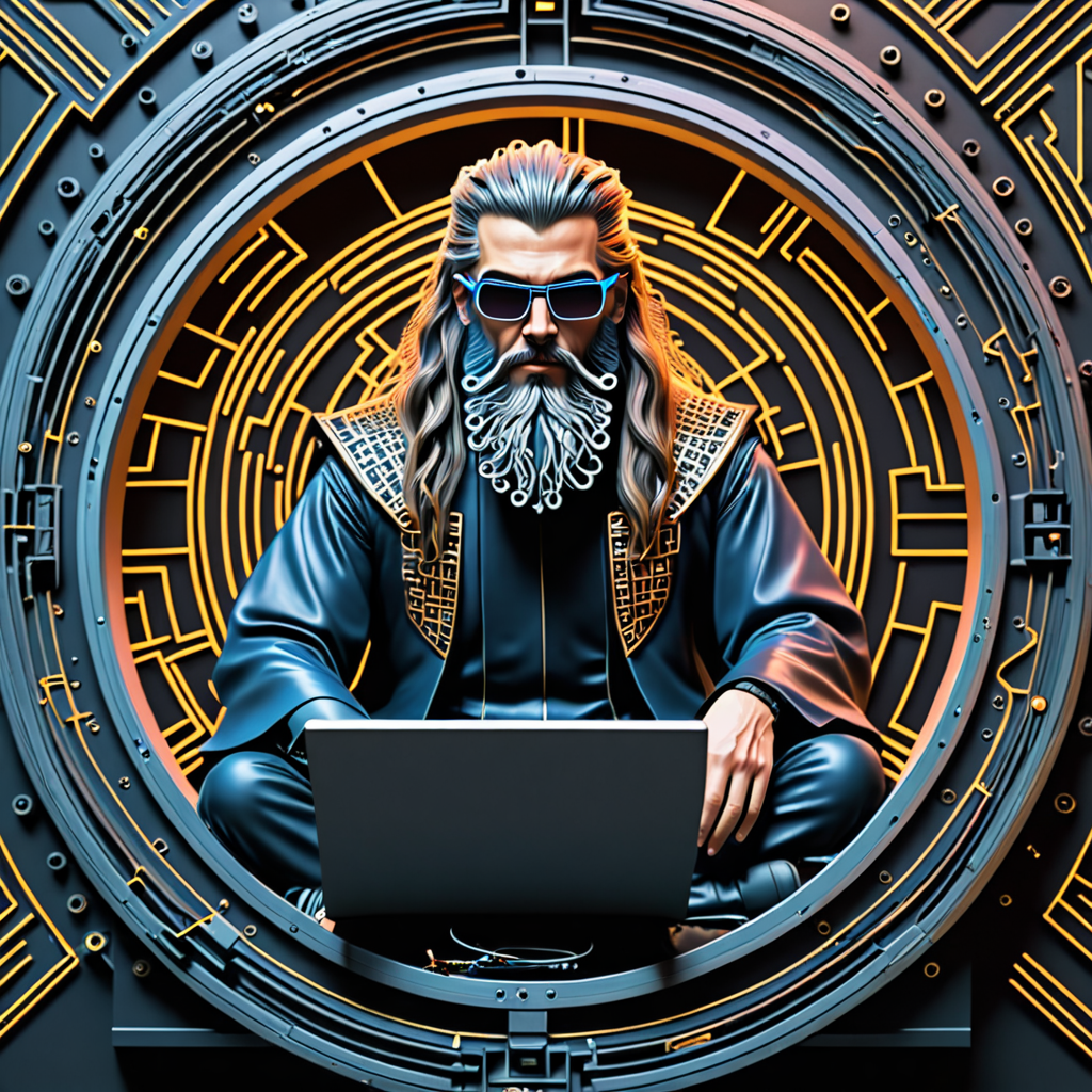 Create a unique 3D art of a cyberpunk wizzard with long hairs and beard ...