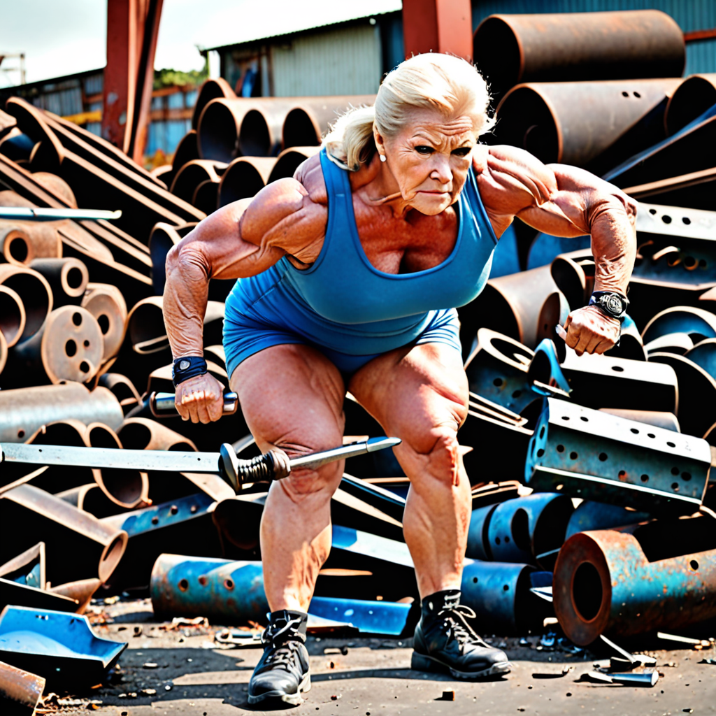 A very strong muscular elderly female very overweight bodybuilder in a ...