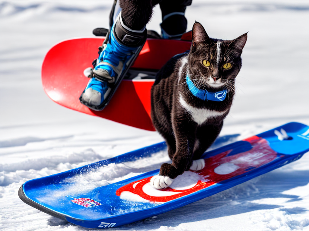 Close up of a Cat on a snowboard, expression