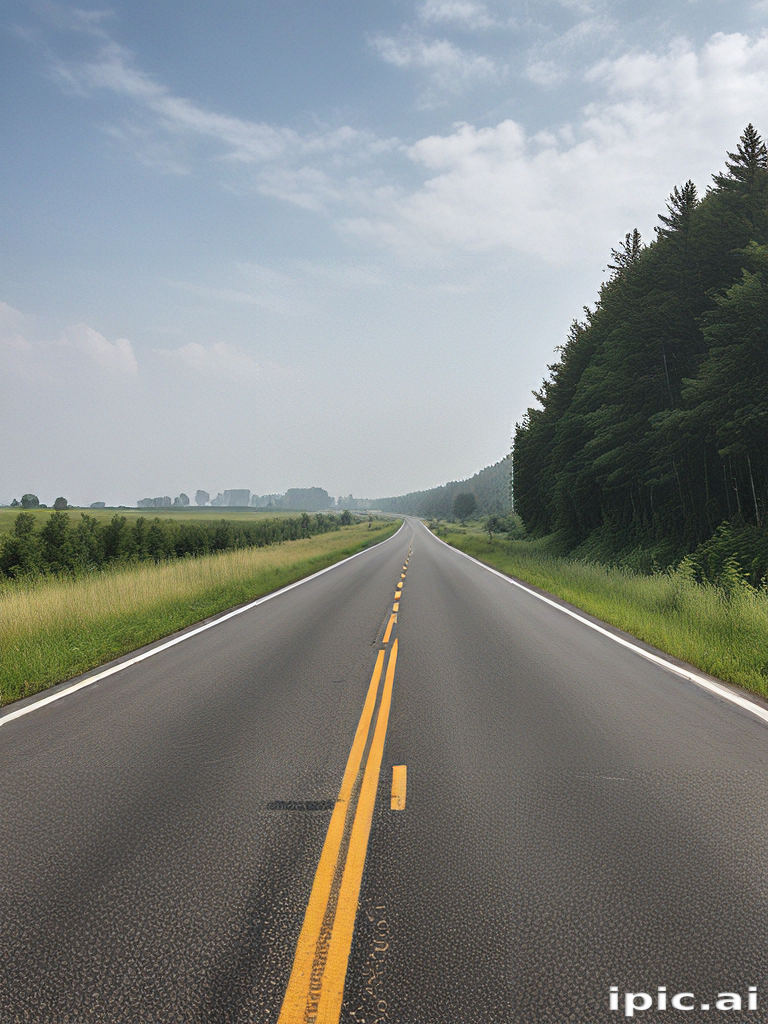 Endless Open Road Surrounded by Lush Green Fields and Forests