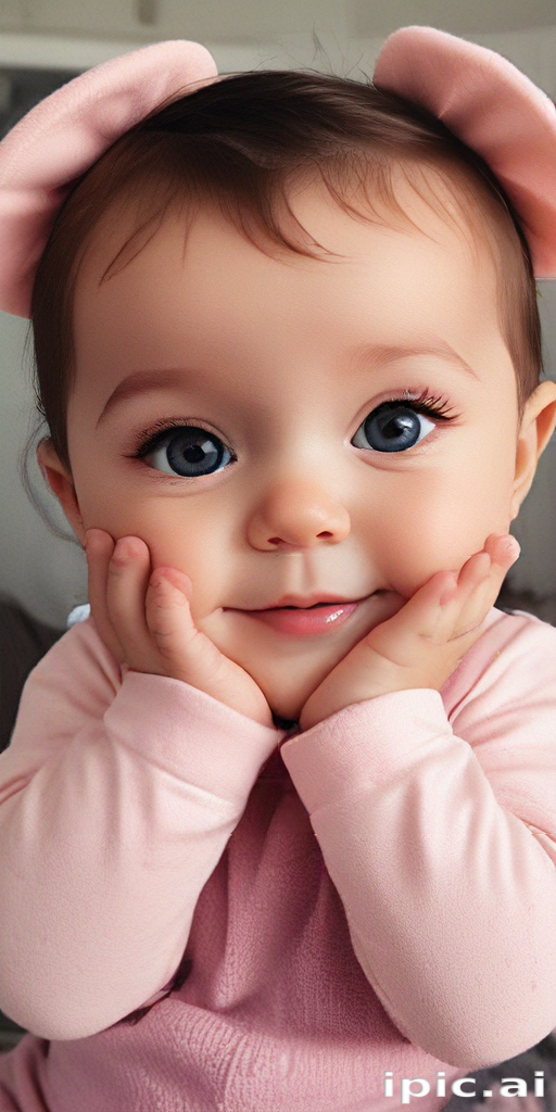 Adorable Baby with Big Blue Eyes and Cute Pink Ears Smiling Joyfully