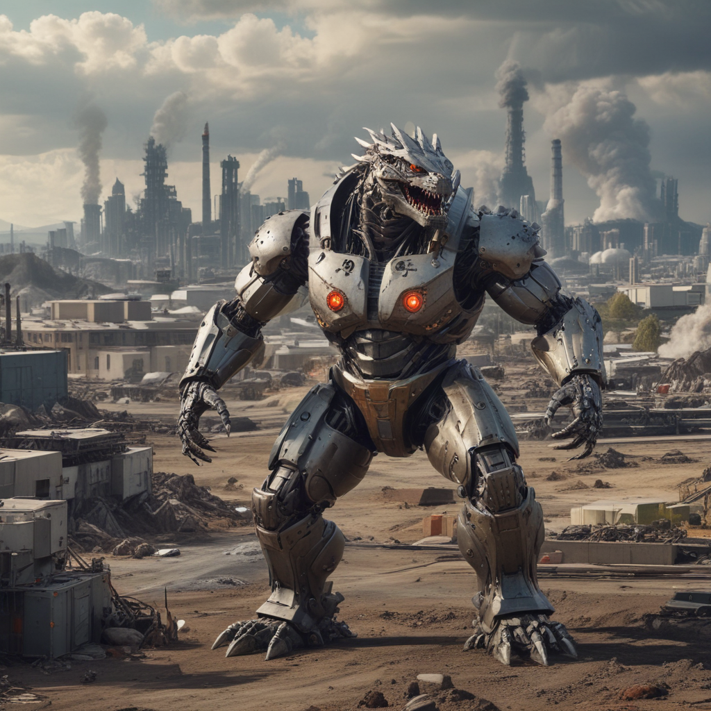 robot fighting godzilla near nuclear factory with city in background