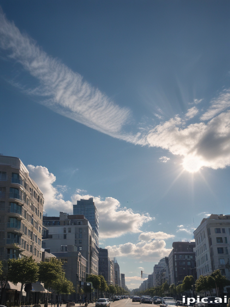 Sunny Cityscape: A Vibrant Street Under a Clear Blue Sky