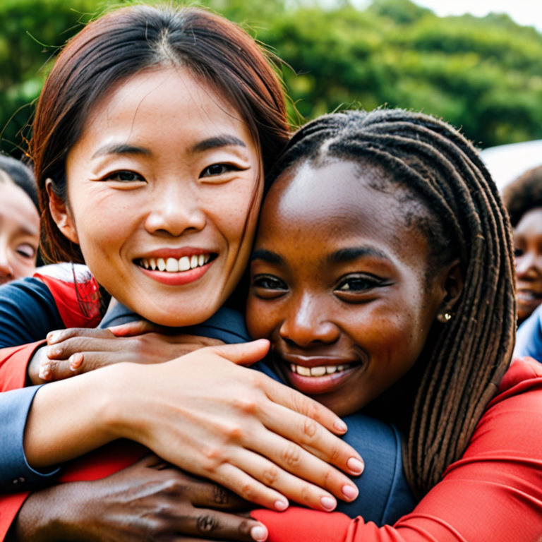 Asian, African and European people hugging each other