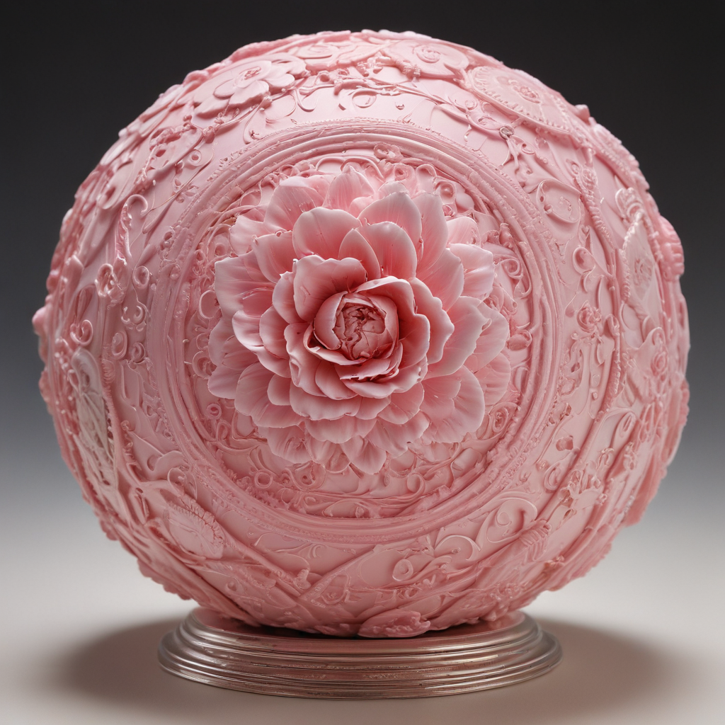 Intricate Pink Floral Carving on a Decorative Sphere with Elegant Details