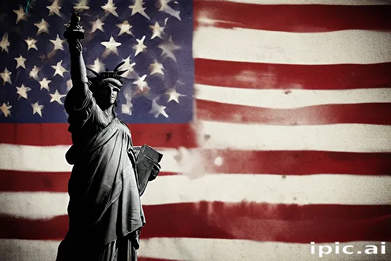 Statue of Liberty Standing Proudly Against the American Flag Background