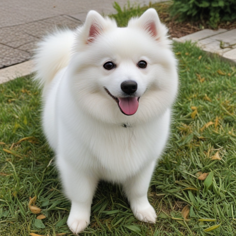 A Playful White Samoyed Dog Smiling Happily in a Lush Green Park.