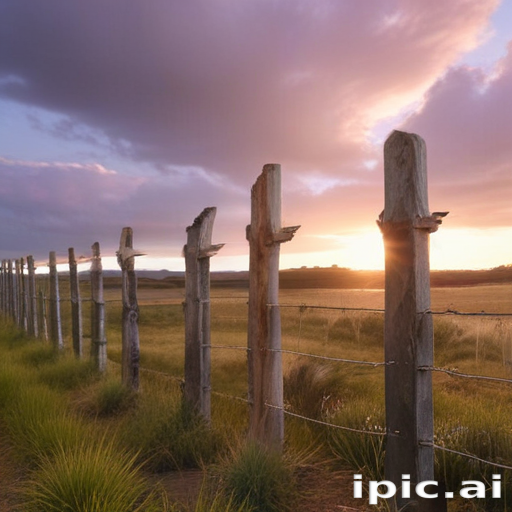 Serene Sunset Over a Rustic Barbed Wire Fence in Nature's Embrace