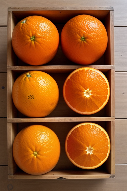 A Vibrant Display of Fresh Oranges in a Wooden Crate Arrangement.