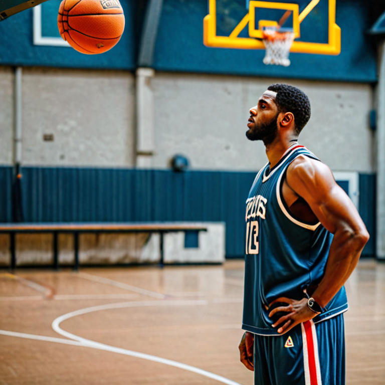 a strong man with a basketball in his left hand on the bare basketball ...