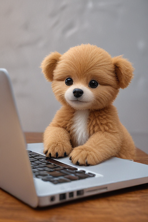 Cute animal writing on a laptop, 3d picture