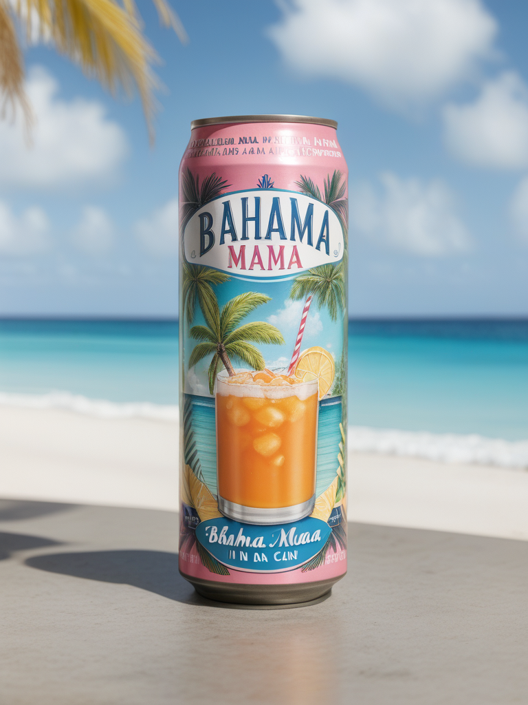 A Refreshing Bahama Mama Cocktail Can Against a Beautiful Beach Background