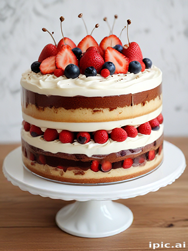 Deliciously Layered Cake Topped with Fresh Berries and Creamy Frosting