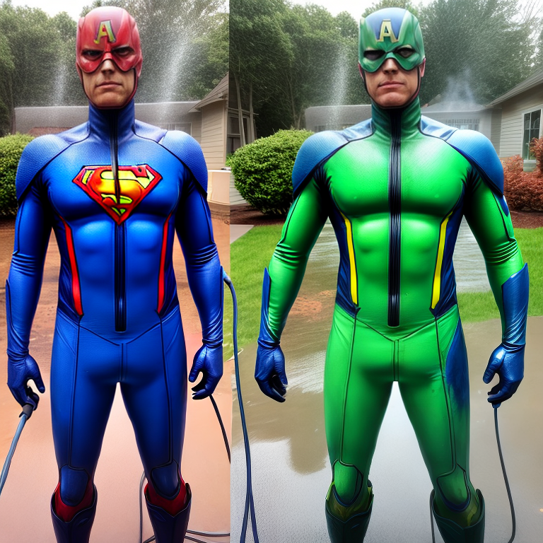Super hero pressure washing. His suit has the letters "EC" on its front ...
