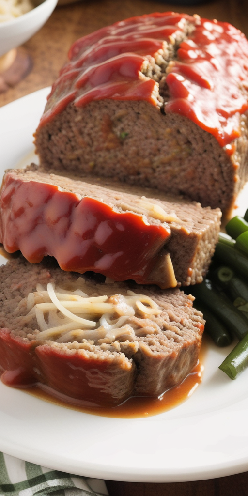 Delicious Meatloaf Sliced and Topped with Savory Tomato Glaze and Cheese