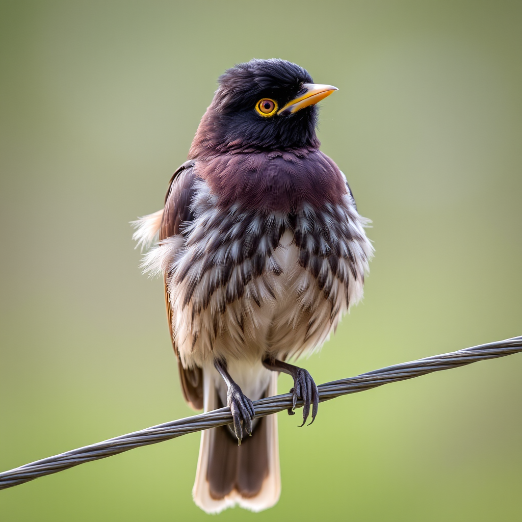 A close-up shot of a myna bird perched on a wire, showcasing detailed ...