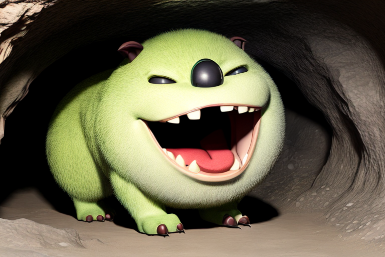 fluffy cute fat monster with teeth in a cave
