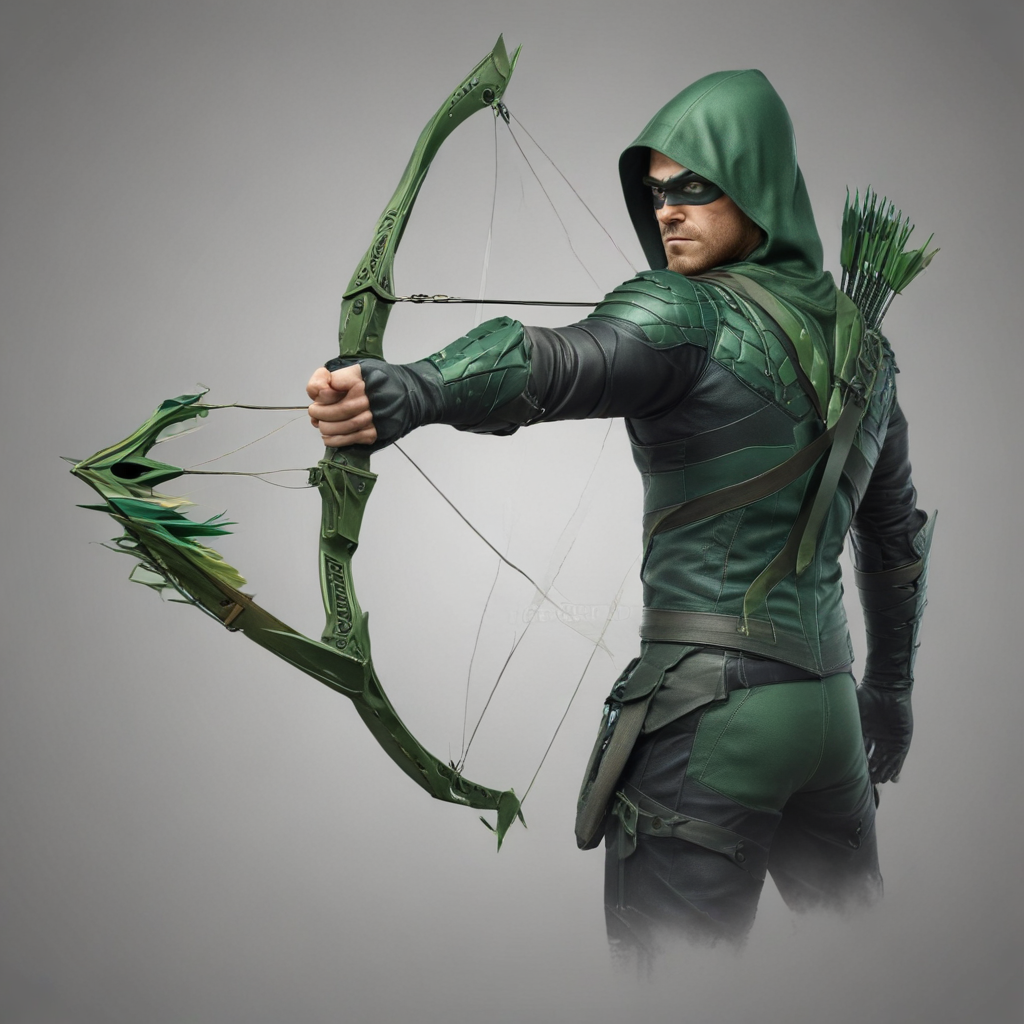Archer in Green Hooded Costume Aiming Bow with Determined Focus