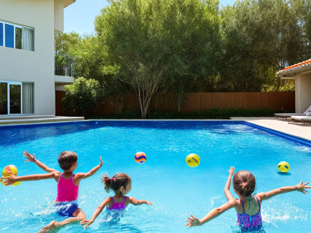 happy kids, jumping into, the full size swimming pool filled with ...