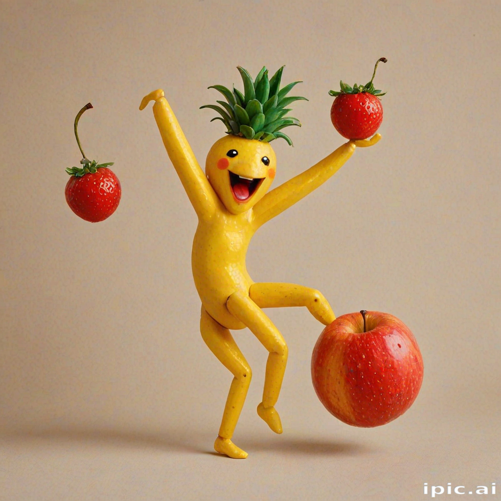 Cheerful Fruit Character Juggling Strawberries and Balancing an Apple ...