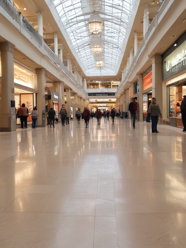 mall background, warm, less people walking, shopping