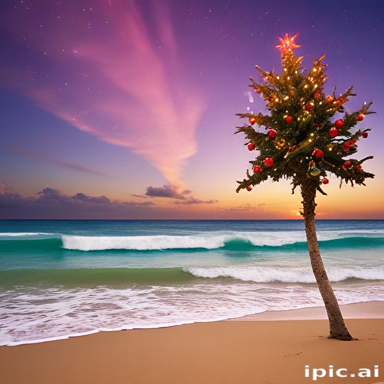 Magical Christmas Tree Standing Alone on a Serene Beach at Sunset