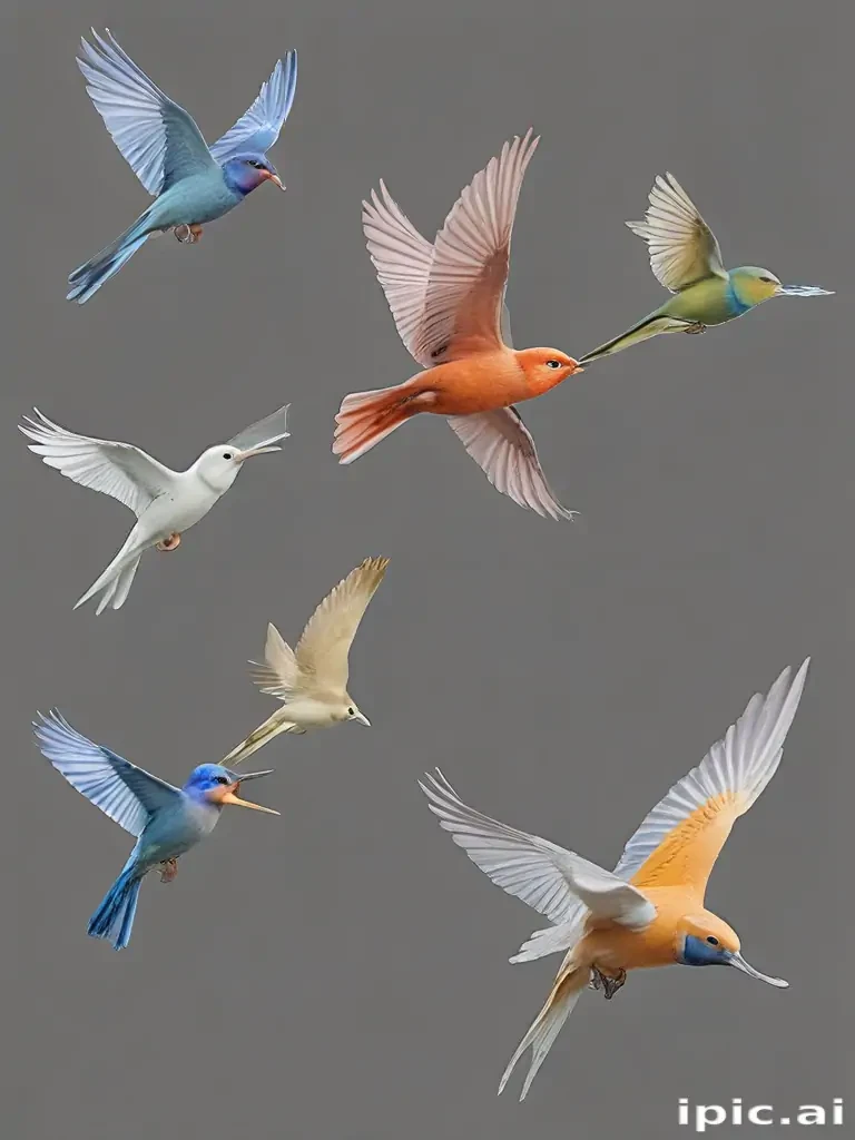 A Vibrant Collection of Colorful Birds in Flight Against a Gray Background