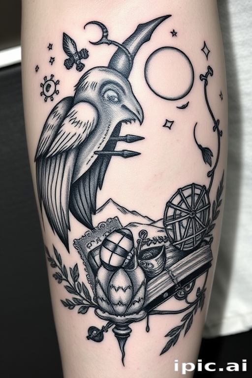 Intricate Black and Gray Tattoo Featuring a Mystical Owl and Magical ...