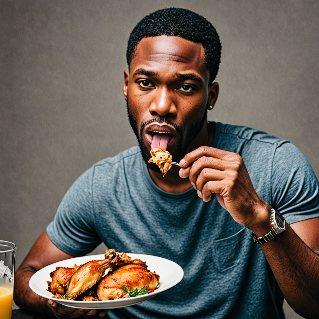 A black man eating chicken