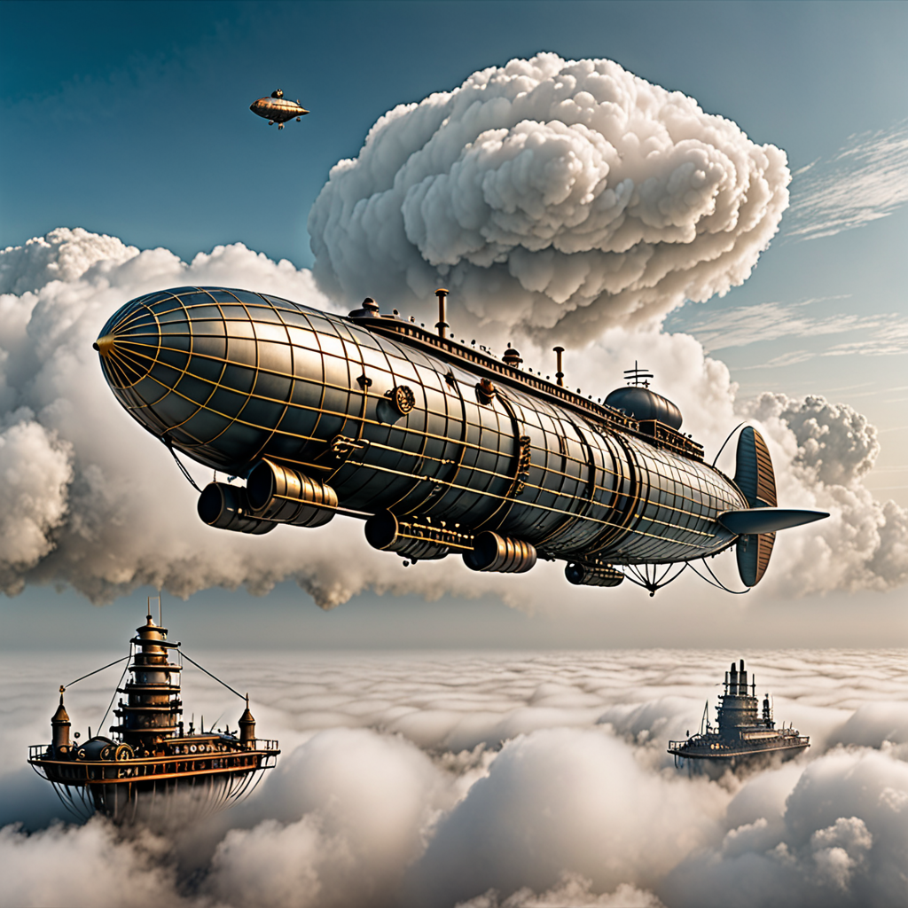 Steampunk airship on a sea of fog, clouds, mist, no ground visible, mix ...
