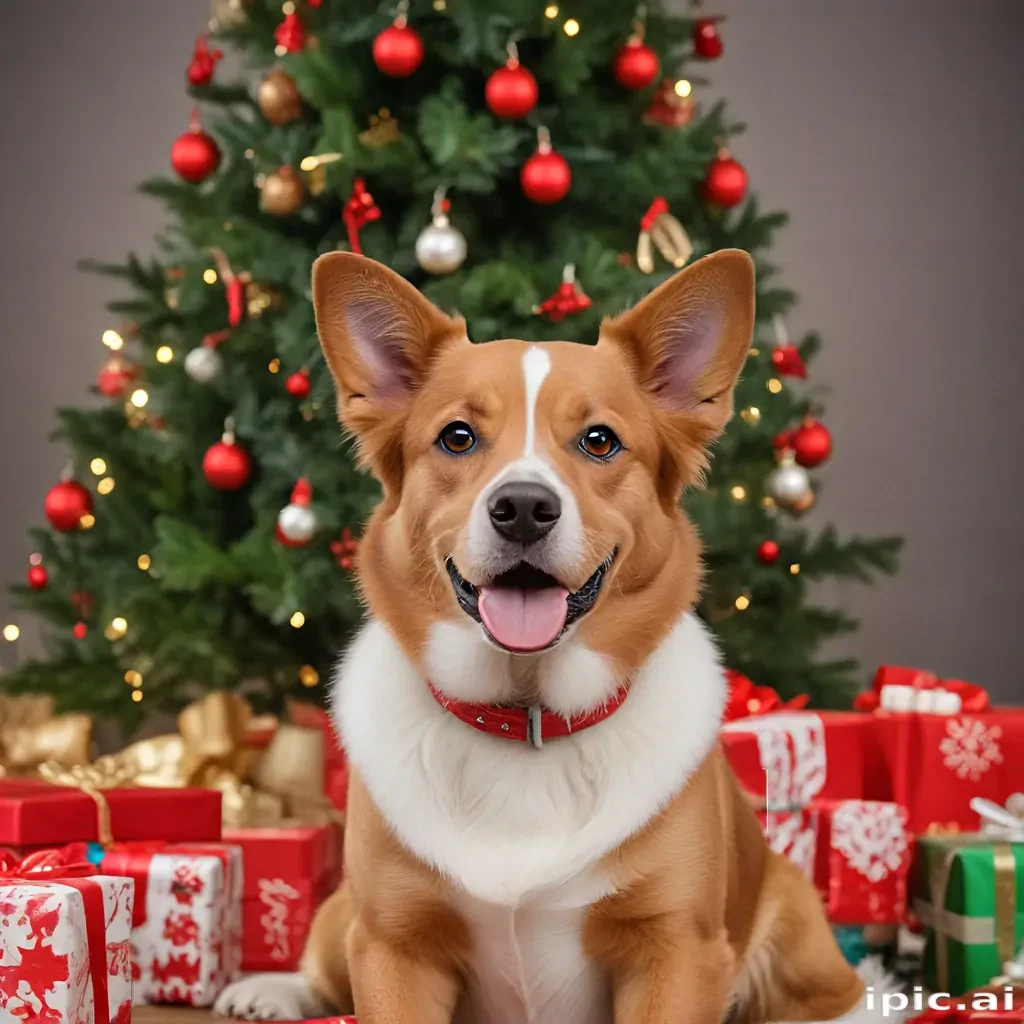 Adorable Dog Posing Cheerfully in Front of a Festive Christmas Tree