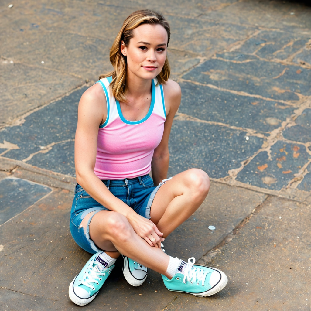 Mcu Brie Larson Carol Danvers sitting in Pink Tank Top, Blue Jean ...