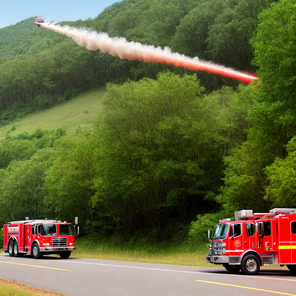 a fire engine partially over a bankingin the countryside about to fall ...
