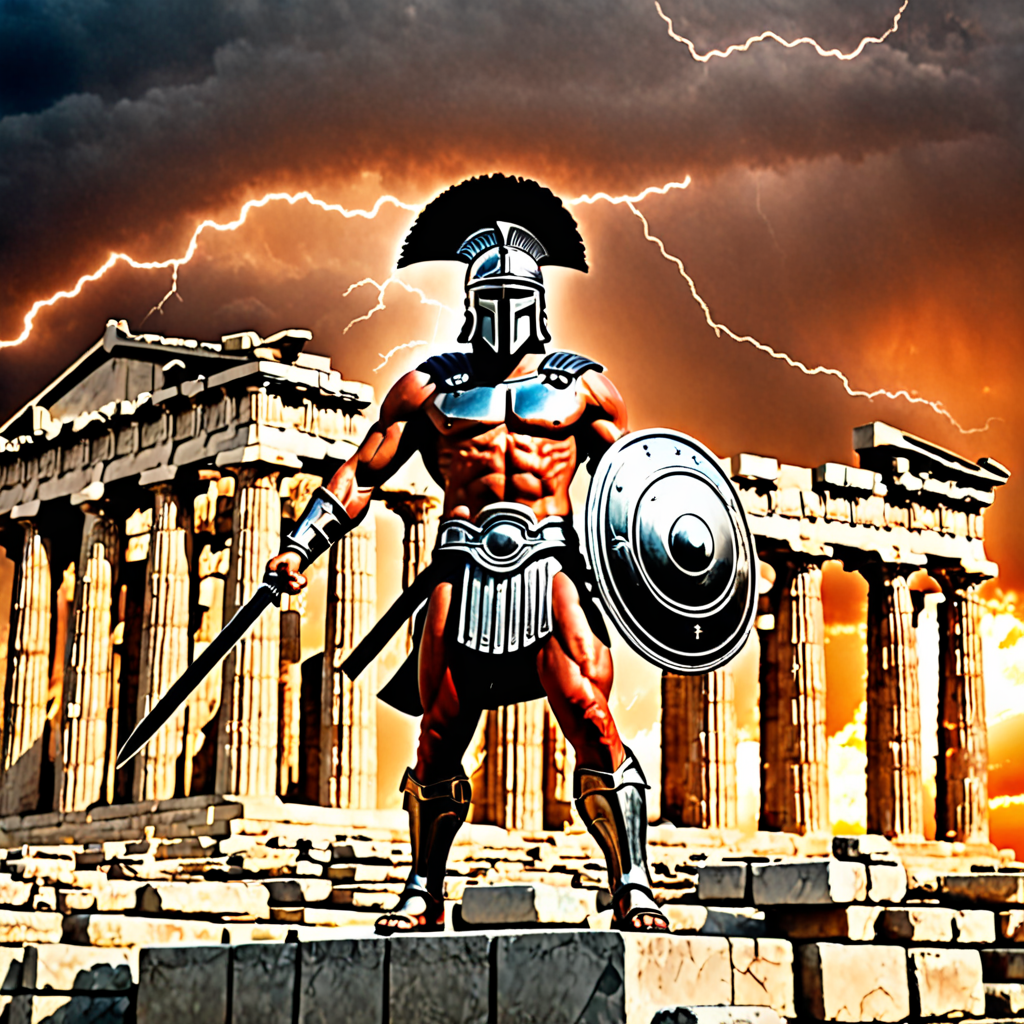 an ancient spartan warrior with a sword and a shield anf the Parthenon ...