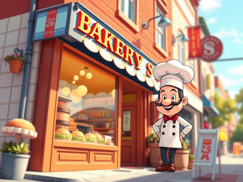 Charming Bakery Scene with a Happy Chef in Front of a Cozy Shop